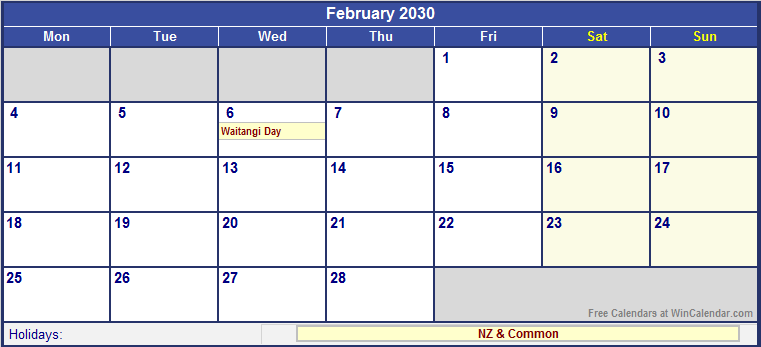 February 2030 New Zealand Calendar with Holidays for printing (image ...