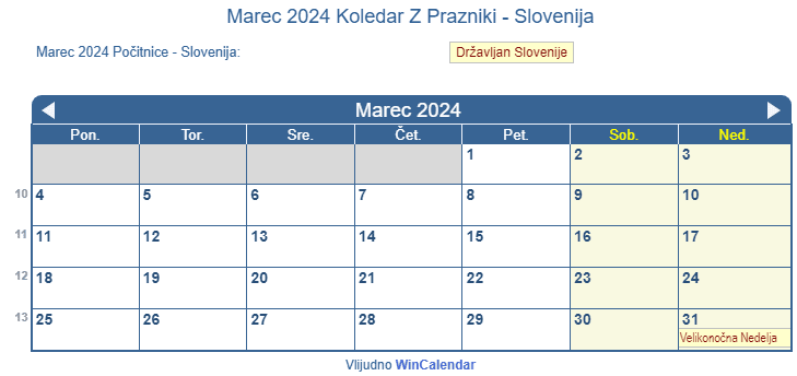 Marec 2024 Koledar Slovenija za tisk