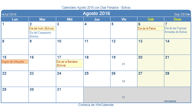 Calendario Agosto 2016 para imprimir - Bolivia