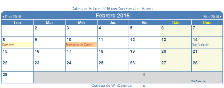 Calendario Febrero 2016 para imprimir - Bolivia