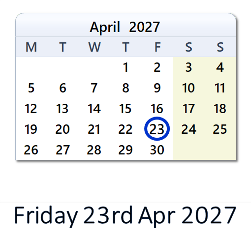 23 April 2027 Calendar with Holidays and Count Down - GBR