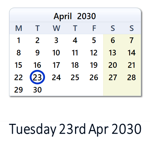 April 23, 2030 Calendar with Holiday info and Count Down - IND