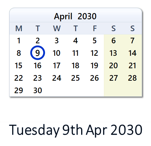 9 April 2030 Calendar with EU Holidays & Count Down