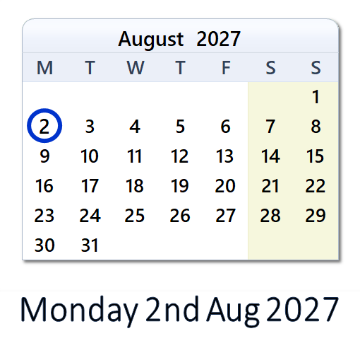 2 August 2027 Calendar with Holidays and Count Down - AUS