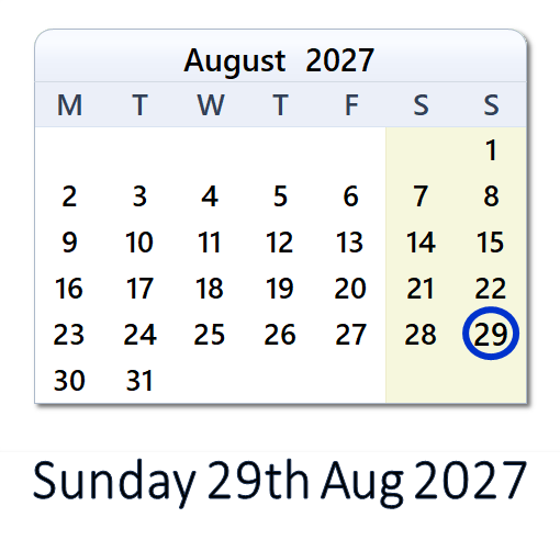 29 Aug 2027: Holidays, Day & Date Info with Countdown - UK