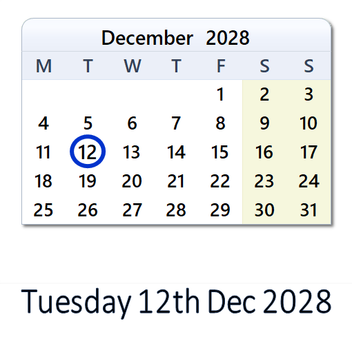 12 December 2028 Calendar with Holidays and Count Down - GBR