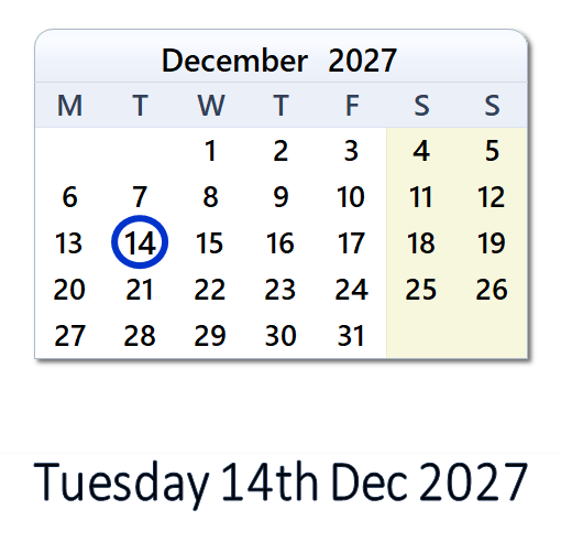14 December 2027 Calendar with Holidays and Count Down - GBR