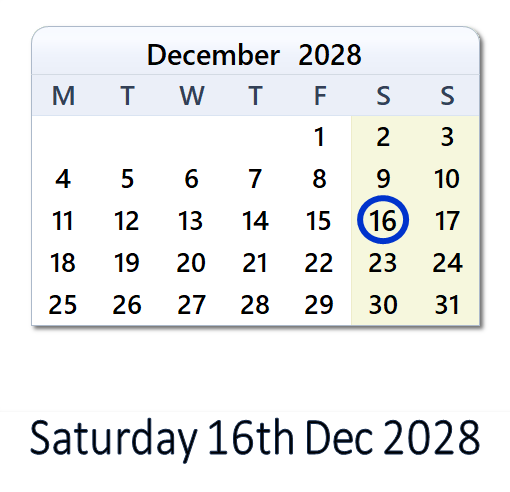 December 16, 2028 Calendar with Holiday info and Count Down - IND