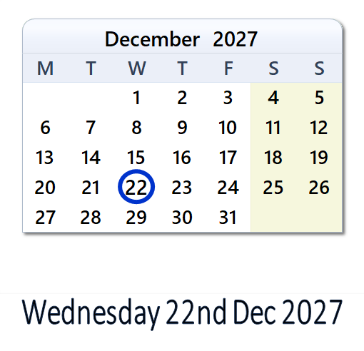 22 December 2027 Calendar with Holidays and Count Down - GBR