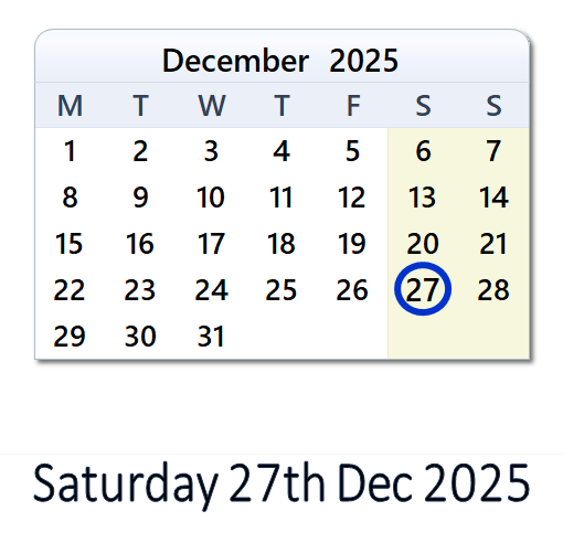 27 December 2025 Calendar with EU Holidays & Count Down