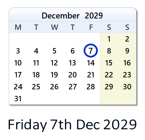 December 7, 2029 Calendar with Holiday info and Count Down - IND