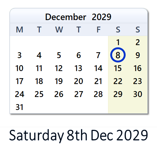 8 December 2029 Calendar with Holidays and Count Down - GBR