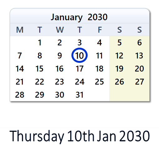January 10, 2030 Calendar with Holiday info and Count Down - IND