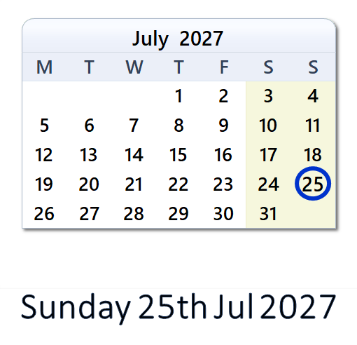 25 July 2027 Calendar with Holidays and Count Down - AUS