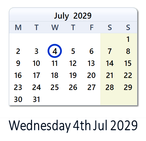 4 July 2029 Calendar with EU Holidays & Count Down