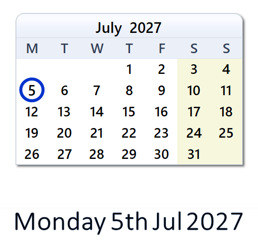5 Jul 2027: Holidays, Day & Date Info with Countdown - UK