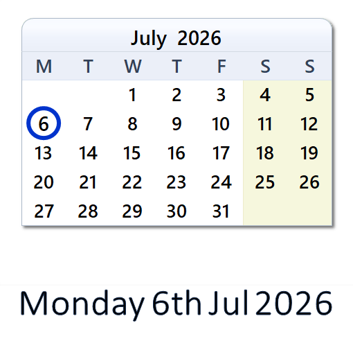 6 July 2026 Calendar with Holidays and Count Down - GBR