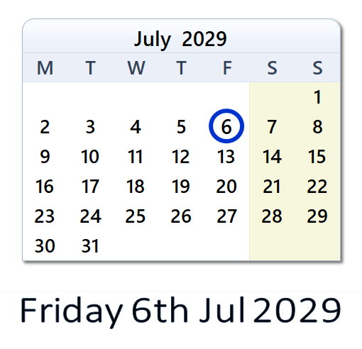 6 July 2029 Calendar with Holidays and Count Down - GBR
