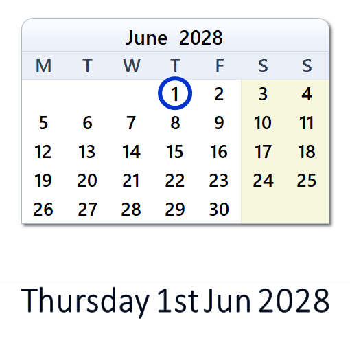 June 1, 2028 Calendar with Holiday info and Count Down - IND