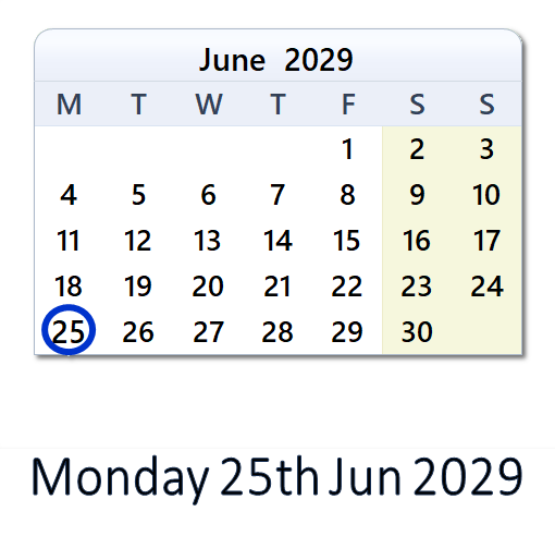 25 June 2029 Calendar with Holidays and Count Down - AUS