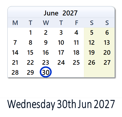 30 June 2027 Calendar with Holidays and Count Down - GBR