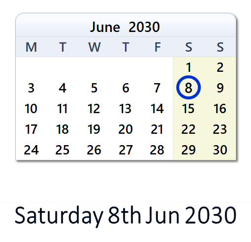 June 8, 2030 Calendar with Holiday info and Count Down - IND