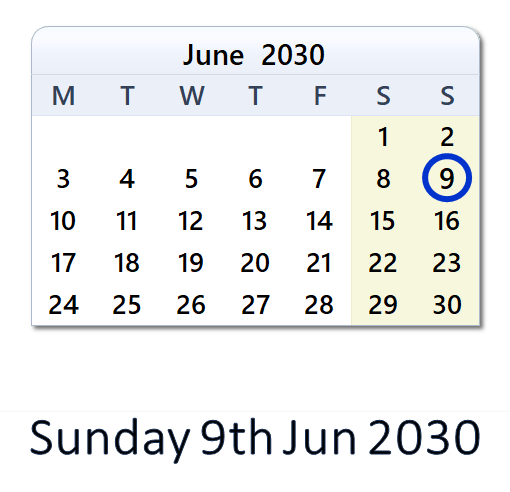June 9, 2030 Calendar with Holiday info and Count Down - IND