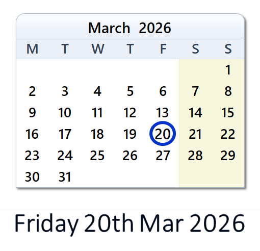March 20 2026 Calendar With Holiday Info And Count Down Ind