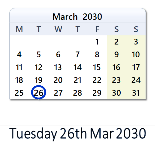 March 26, 2030 Calendar with Holiday info and Count Down - IND