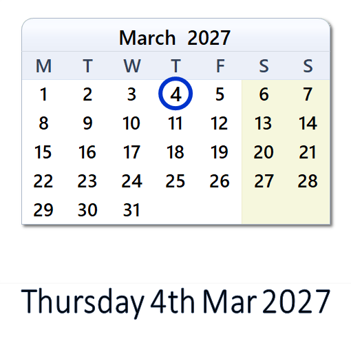 4 March 2027 Calendar with Holidays and Count Down - GBR