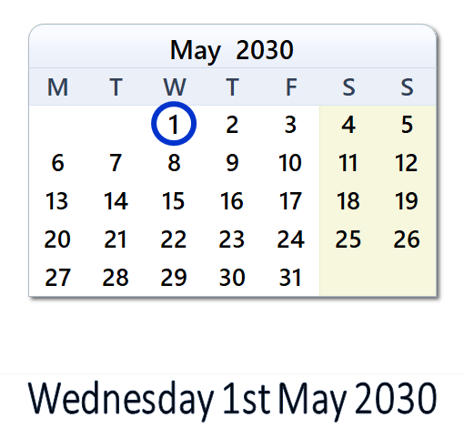 May 1, 2030 Calendar with Holiday info and Count Down - IND