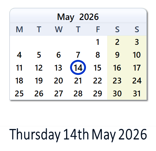 May 14, 2026 Calendar with Holiday info and Count Down - IND
