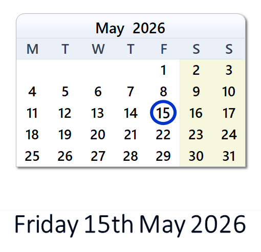 15 May 2026 Calendar With Holidays And Count Down Gbr
