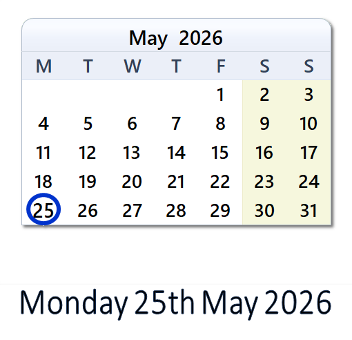 May 25, 2026 Calendar with Holiday info and Count Down - IND