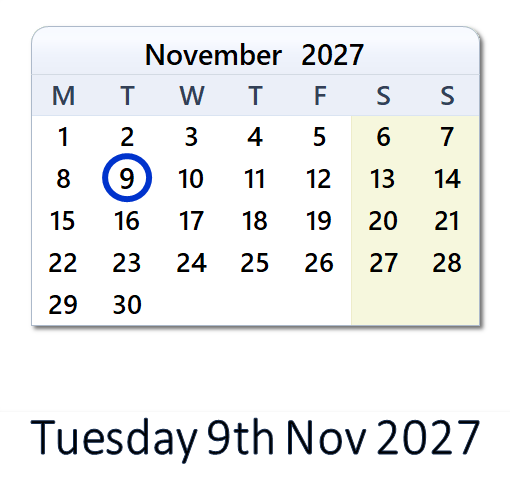 9 Nov, 2027: Holidays, Day & Date Info with Countdown - India
