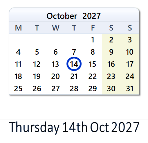 14 Oct, 2027: Holidays, Day & Date Info with Countdown - India