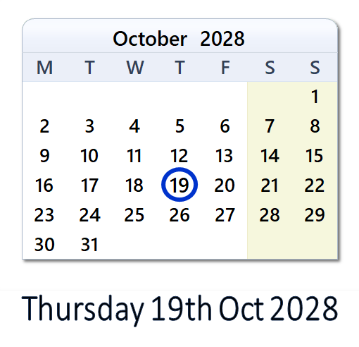 19 October 2028 Calendar with Holidays and Count Down - GBR
