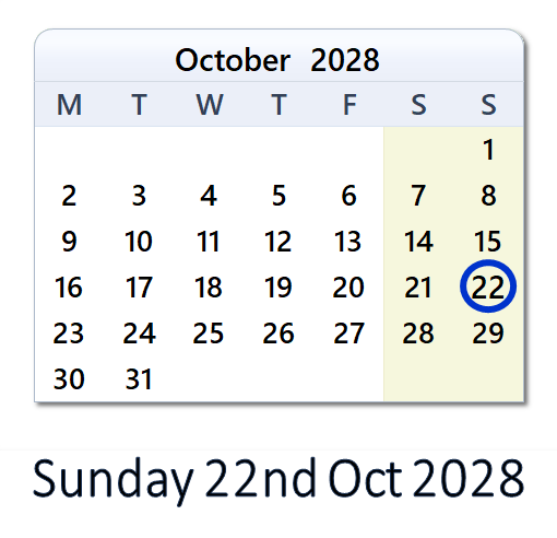 October 22, 2028 Calendar with Holiday info and Count Down - IND