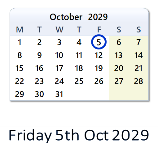 October 5, 2029 Calendar with Holiday info and Count Down - IND