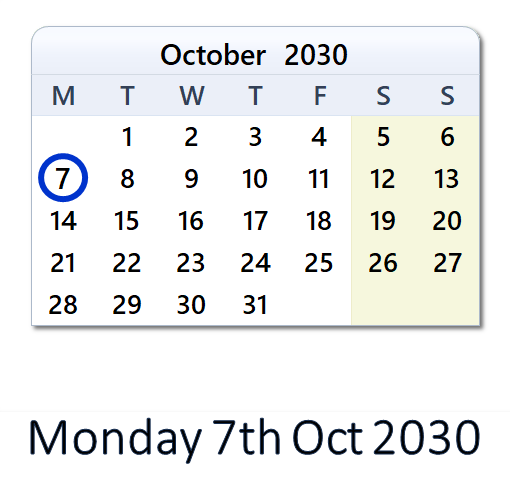 October 7, 2030 Calendar with Holiday info and Count Down - IND