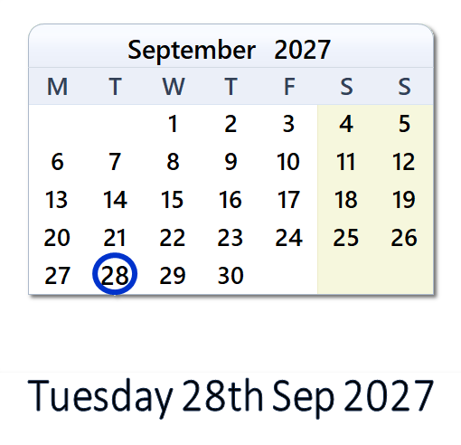 September 28, 2027 Calendar with Holiday info and Count Down - IND
