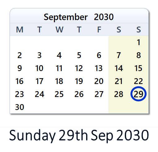 September 29, 2030 Calendar with Holiday info and Count Down - IND