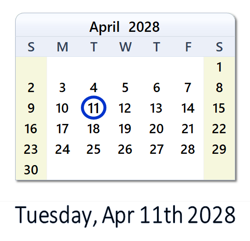 April 11, 2028 Calendar with Holidays and Count Down - CAN