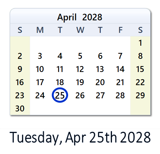 April 25, 2028 Calendar with Holidays and Count Down - CAN