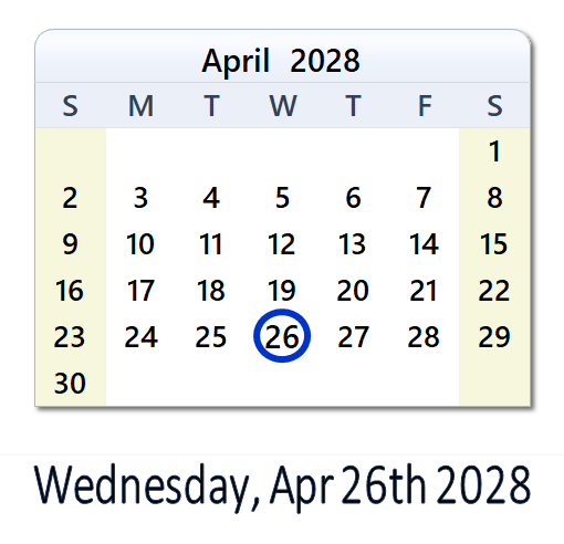 April 26, 2028 Calendar with Holidays & Count Down - USA