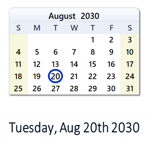 20 August 2030 Calendar with Holidays and Count Down - ZAF