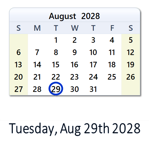 August 29, 2028 Calendar with Holidays and Count Down - CAN