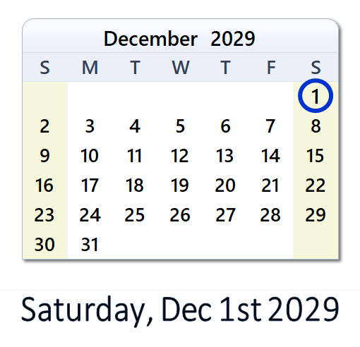 December 1, 2029 Calendar with Holidays & Count Down - USA