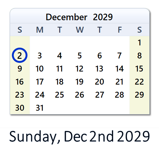 December 2, 2029 Calendar with Holidays & Count Down - USA