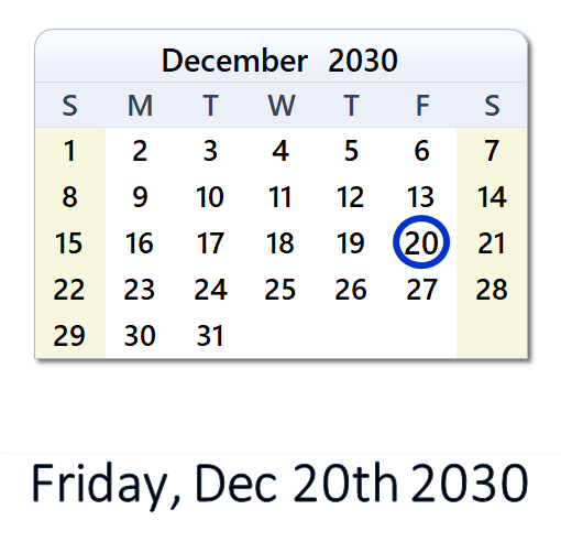 December 20, 2030 Calendar with Holidays & Count Down - USA